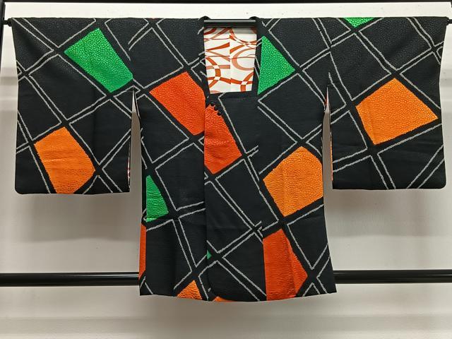 平和屋着物＃道行コート　総絞り　幾何学文　黒地　正絹　逸品　CAAX7890ua