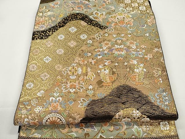 平和屋着物●西陣　服部織物謹製　六通柄袋帯　唐織　向かい鳥花文　黒地　金糸　正絹　逸品　CAAX9211yk