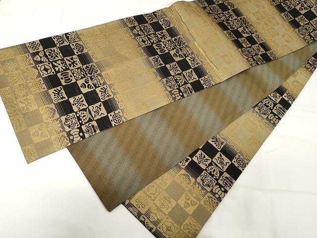 平和屋着物●両面　全通柄袋帯　横段市松吉祥文　黒地　金糸　正絹　逸品　CAAX9219yk