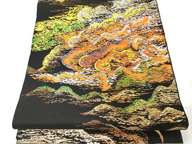 平和屋着物●六通柄　本袋帯　雲取り文　彩雲錦　黒地　金銀糸　正絹　逸品　CAAX9222yk