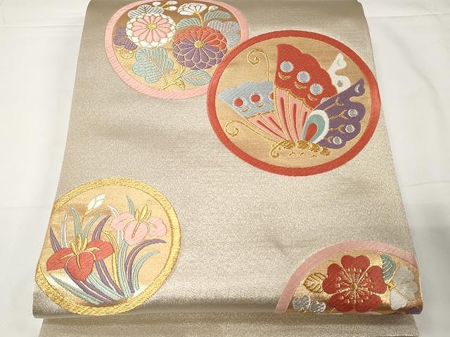 平和屋着物●西陣　六通柄袋帯　唐織　舞蝶花丸文　金銀糸　証紙付き　上代32万　正絹　逸品　未使用　CAAX9246yk