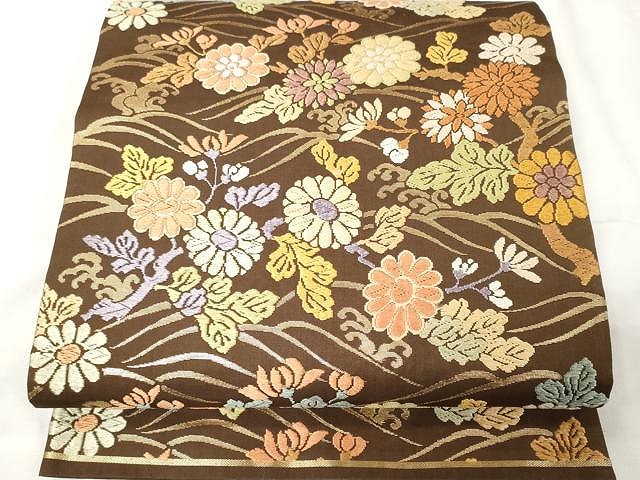 平和屋着物●両面　六通柄袋帯　唐織　草木染　立波舞花文　金糸　正絹　逸品　CAAX9265yk