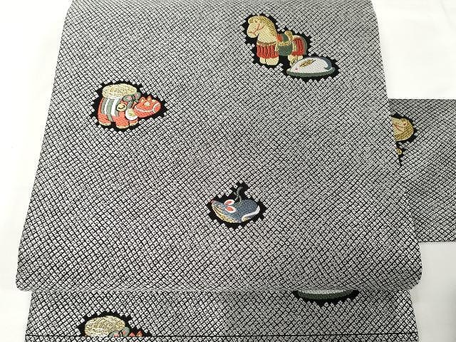 平和屋着物●九寸名古屋帯　唐織　十二支　玩具文　黒地　金糸　正絹　逸品　CAAX9276yk