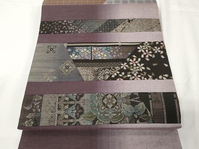 平和屋着物●両面　太鼓柄袋帯　紬地　切嵌横段花文　正絹　逸品　CAAX9278yk