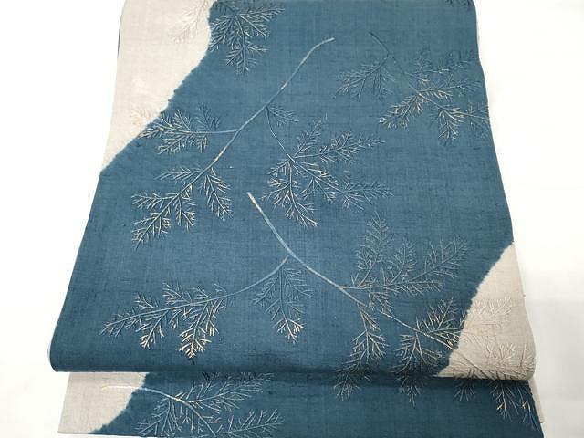 平和屋着物●全通柄袋帯　紬地　絞り　総刺繍　枝笹文　金彩　正絹　逸品　CAAX9286yk