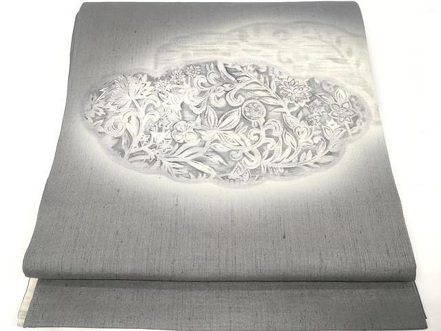 平和屋着物●太鼓柄袋帯　作家物　紬地　枝花文　銀彩　正絹　逸品　CAAX9289yk