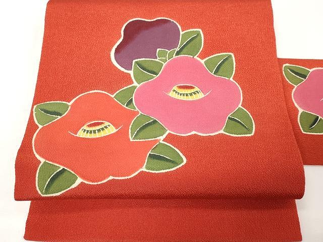 平和屋着物●九寸名古屋帯　型染め　舞椿文　鬼しぼ縮緬　正絹　逸品　CAAX9299yk