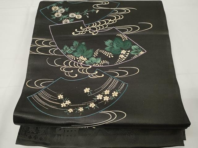 平和屋着物●アンティーク　大正ロマン　六通柄京袋帯　刺繍　地紙舞葉文　黒地　正絹　逸品　CAAX9311yk