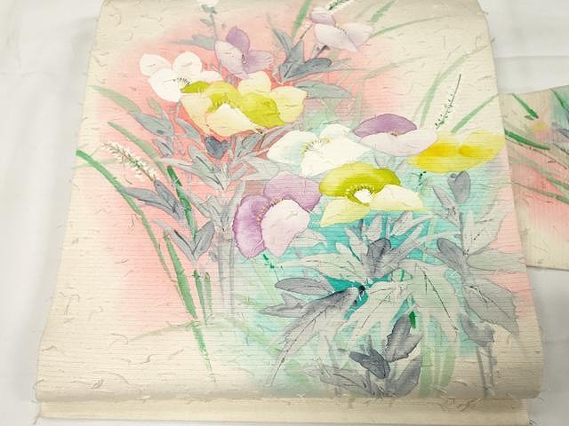 平和屋着物●九寸名古屋帯　手描き　髭紬地　枝花文　正絹　逸品　CAAX9324yk