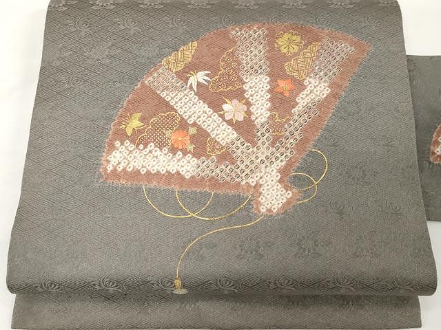 平和屋着物●九寸名古屋帯　絞り　刺繍　扇面花文　金彩　正絹　逸品　CAAX9327yk