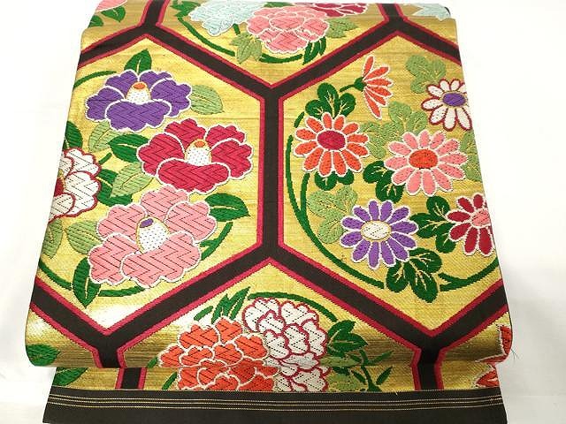 平和屋着物●六通柄袋帯　唐織　亀甲枝花文　黒地　金糸　正絹　逸品　CAAX9380yk