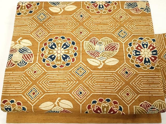 平和屋着物●全通柄九寸名古屋帯　紬地　型染め　草木染　蜀江花文　正絹　逸品　CAAX9382yk