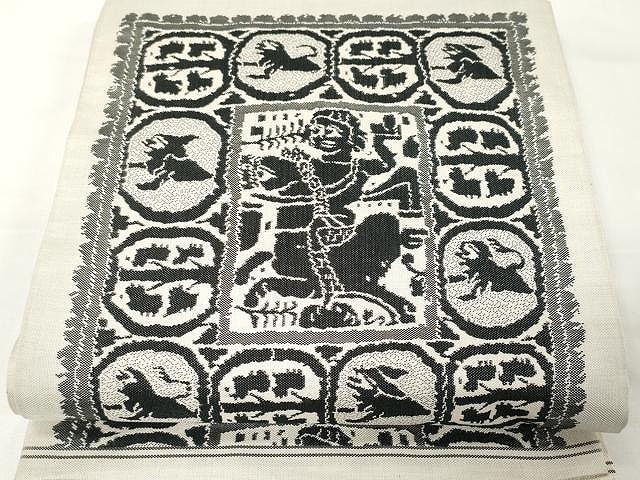 平和屋着物●全通柄　本袋帯　紬地　エジプト壁画文様　正絹　逸品　CAAX9398yk