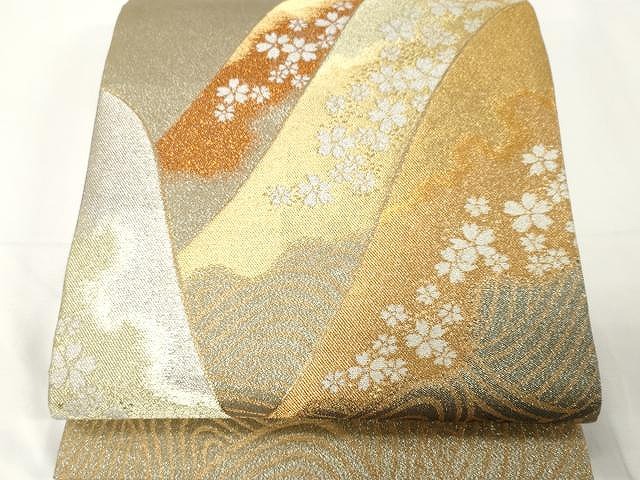 平和屋着物●綴れ　六通柄袋帯　立波舞桜文　金銀糸　正絹　逸品　CAAX9410yk