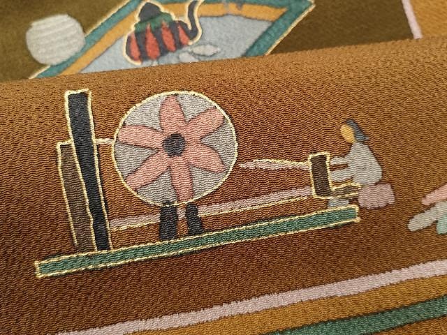 平和屋着物○九寸名古屋帯 手描き 成り物 柿 鬼しぼ縮緬 金彩 正絹