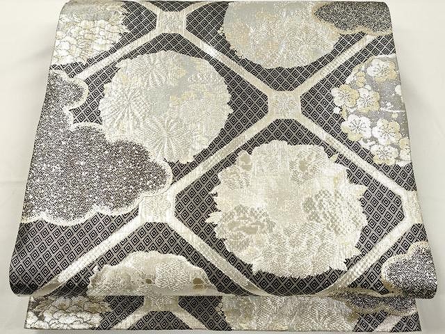 平和屋着物●本綾佐賀錦　伝統工芸品産業功労者　岡野武一郎　六通柄袋帯　雲取り菱花丸文　銀糸　正絹　逸品　CAAX9459yk