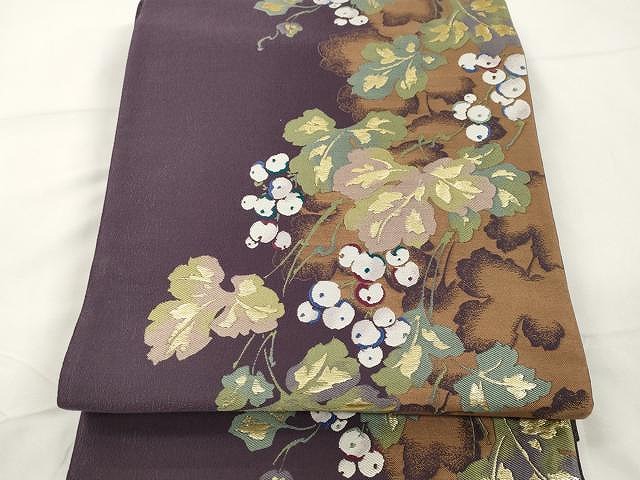 平和屋着物●両面　六通柄袋帯　唐織　葡萄蔦の葉文　金糸　正絹　逸品　CAAX9476yk