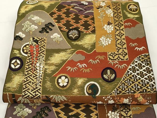 平和屋着物●六通柄　本袋帯　唐織　遠山短冊　金糸　正絹　逸品　CAAX9477yk