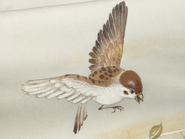 平和屋着物○塩瀬 九寸名古屋帯 作家物 手描き 雀舞葉文