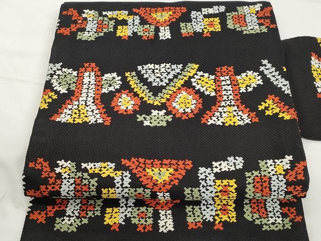 平和屋着物●九寸名古屋帯　唐織　横段吉祥文　黒地　正絹　逸品　CAAX9486yk