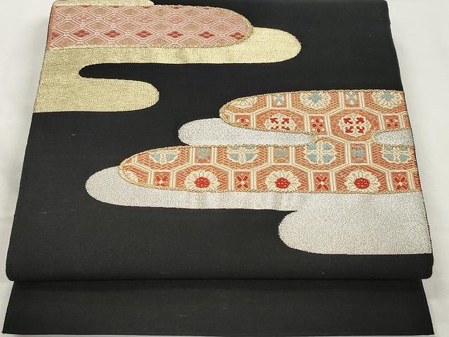 平和屋着物●綴れ　八寸名古屋帯　雲取り吉祥文　黒地　金銀糸　正絹　逸品　CAAX9489yk