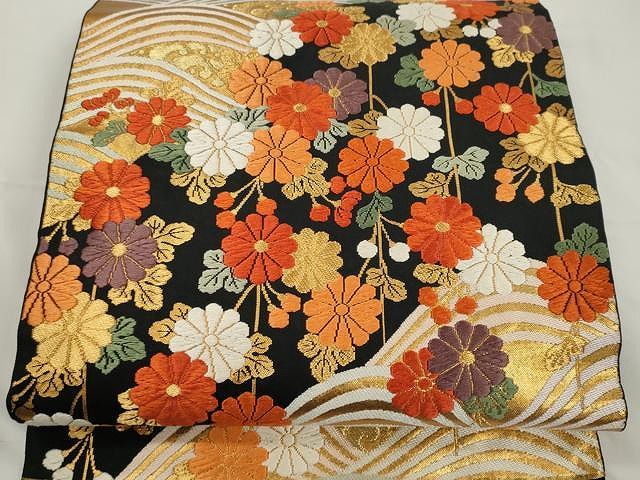 平和屋着物●六通柄　本袋帯　唐織　献上菊青海文　黒地　金糸　正絹　逸品　CAAX9510yk