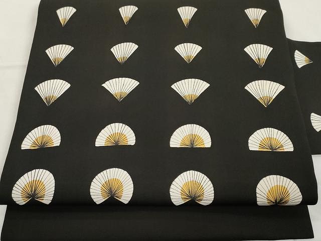 平和屋着物●塩瀬　九寸名古屋帯　扇面文　黒地　正絹　逸品　CAAX9512yk