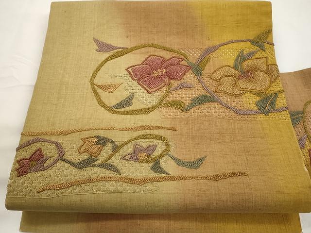 平和屋着物●中国三大刺繍　スワトウ刺繍　相良刺繍　総刺繍　九寸名古屋帯　紬地　枝花文　正絹　逸品　CAAX9527yk