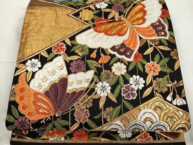 平和屋着物●六通柄袋帯　舞蝶吉祥花文　能衣錦　黒地　金銀糸　正絹　逸品　CAAX9530yk
