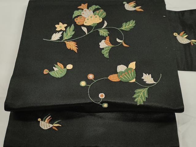 平和屋着物●アンティーク　大正ロマン　九寸名古屋帯　総刺繍　花唐草文　黒地　金糸　正絹　逸品　CAAX9532yk