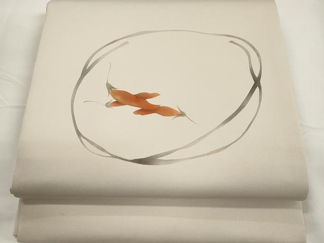 平和屋着物●塩瀬　九寸開き名古屋帯　手描き　唐辛子　金糸　正絹　逸品　CAAX9535yk