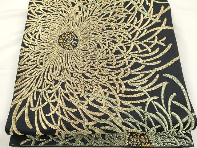 平和屋着物●六通柄袋帯　唐織　乱菊　黒地　金糸　正絹　逸品　CAAX9562yk