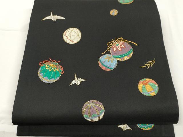 平和屋着物●九寸開き名古屋帯　唐織　毬鞠遊び　黒地　金糸　正絹　逸品　CAAX9567yk