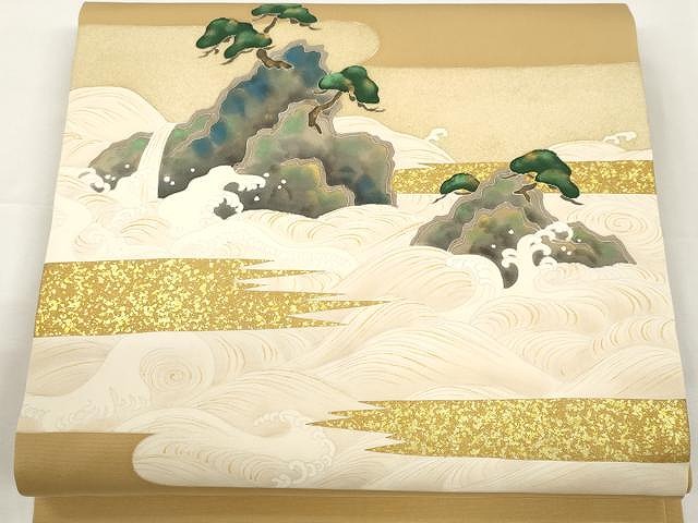 平和屋着物●塩瀬　九寸開き名古屋帯　立波遠山枝松文　金彩　正絹　逸品　CAAX9572yk
