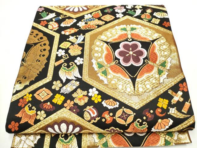 平和屋着物●六通柄袋帯　唐織　亀甲華文　黒地　金糸　正絹　逸品　CAAY2418hy