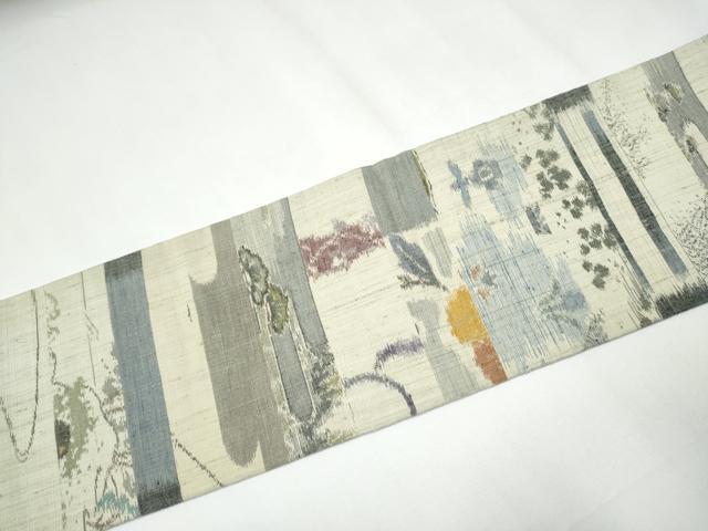 平和屋着物○九寸名古屋帯 紬地 人物風景草花文 正絹 逸品
