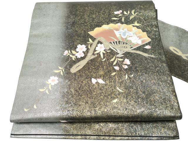 平和屋着物●中国三大刺繍　相良刺繍　総刺繍　九寸名古屋帯　扇面草花文　黒地　金糸　引箔　正絹　逸品　CAAY2444hy