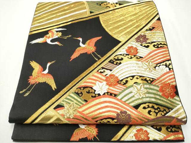 平和屋着物●六通柄袋帯　唐織　扇面飛鶴草花文　黒地　金糸　正絹　逸品　CAAY2464hy
