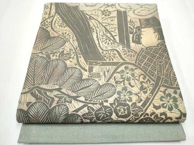 平和屋着物●太鼓柄袋帯　人物草花文　金糸　正絹　逸品　CAAY2488hy