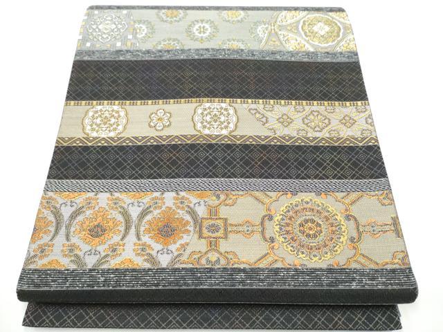 平和屋着物●六通柄袋帯　草木五倍子染　伝統工芸士　足利忠義　横段花文　正絹　逸品　CAAY2498hy