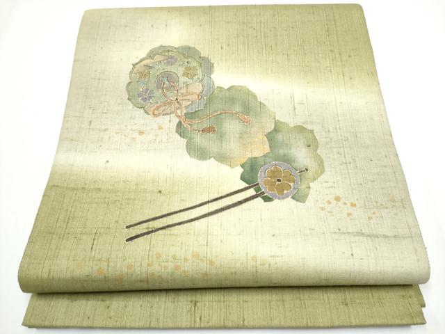 平和屋着物●太鼓柄袋帯　作家物　紬地　鏡裏花文　金彩　正絹　逸品　CAAY2502hy