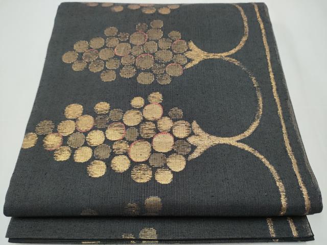 平和屋着物●六通柄袋帯　紬地　葡萄蔦の葉文　金糸　正絹　逸品　CAAY2557hy