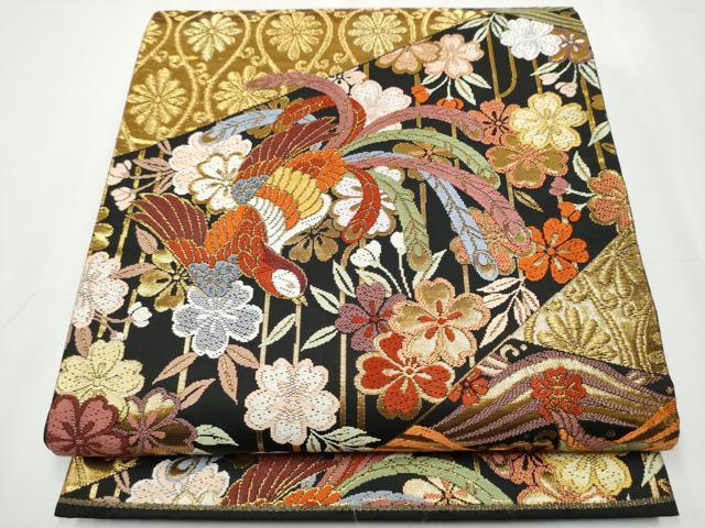 平和屋着物●六通柄袋帯　唐織　花鳥文　黒地　金糸　正絹　逸品　CAAY2571hy