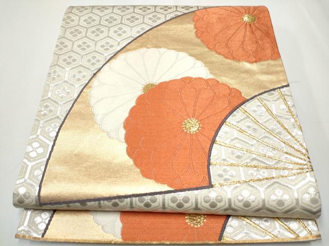 平和屋着物●西陣　河合美術織物謹製　六通柄袋帯　唐織　扇面菊文　金糸　正絹　逸品　CAAY2592hy