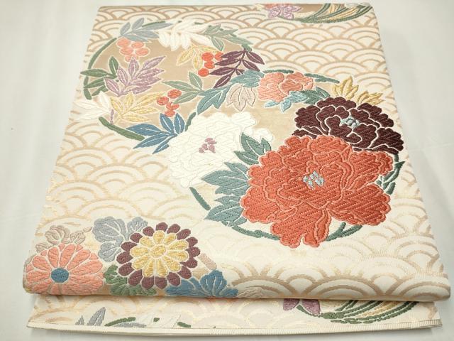 平和屋着物●六通柄袋帯　唐織　流水草花丸文　金糸　正絹　逸品　CAAY2608hy