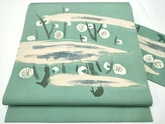 平和屋着物●塩瀬　九寸名古屋帯　手描き　枝梅文　正絹　逸品　CAAY2629hy