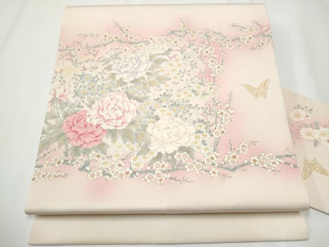 平和屋着物●塩瀬　九寸名古屋帯　手描き　花蝶文　金彩　正絹　逸品　CAAY2636hy
