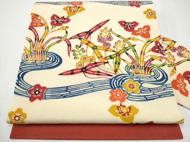 平和屋着物●九寸名古屋帯　作家物　型染め　流水草花文　鬼しぼ縮緬　正絹　逸品　CAAY2641hy