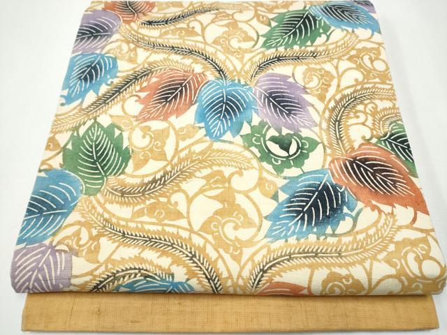 平和屋着物●九寸開き名古屋帯　紬地　型染め　唐草文　正絹　逸品　CAAY2647hy