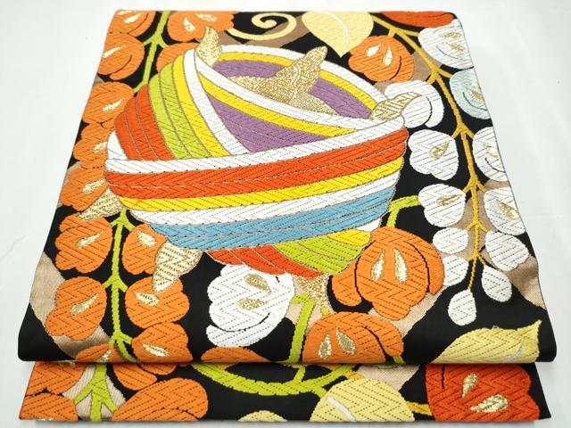 平和屋着物●六通柄袋帯　唐織　糸巻き唐草文　黒地　金糸　正絹　逸品　CAAY2661hy
